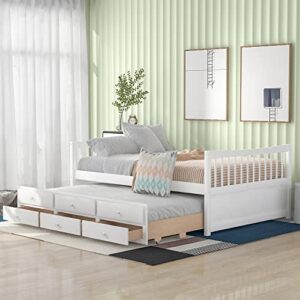 Lepfun Full Daybed with Trundle and Storage Drawers Wood Full Size Bed Frame with 3 Drawers Wooden Platform Beds for Kids Boys Girls Teens, Practical Durable Bed, for Bedroom, Apartment, White