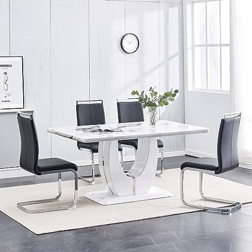 Pvillez 63" Marble Dining Table Set for 4, Modern 5 Piece Dining Set, White Faux Marble Imitation Kitchen Dining Room Table with U-Shaped Pedestal Base & 4 PU Leather Upholstered Dining Chairs