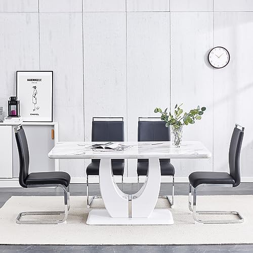 Pvillez 63" Marble Dining Table Set for 4, Modern 5 Piece Dining Set, White Faux Marble Imitation Kitchen Dining Room Table with U-Shaped Pedestal Base & 4 PU Leather Upholstered Dining Chairs