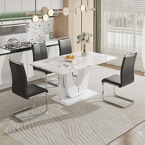 Pvillez 63" Marble Dining Table Set for 4, Modern 5 Piece Dining Set, White Faux Marble Imitation Kitchen Dining Room Table with U-Shaped Pedestal Base & 4 PU Leather Upholstered Dining Chairs