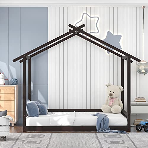 LCH Extending House Bed, Wooden Daybed Frame, Double Twin Size Bed, Wooden Daybed with Trundle for Kids Toddlers Girls Boys, Practical Durable Bed, for Bedroom, Apartment and Dorm, Espresso