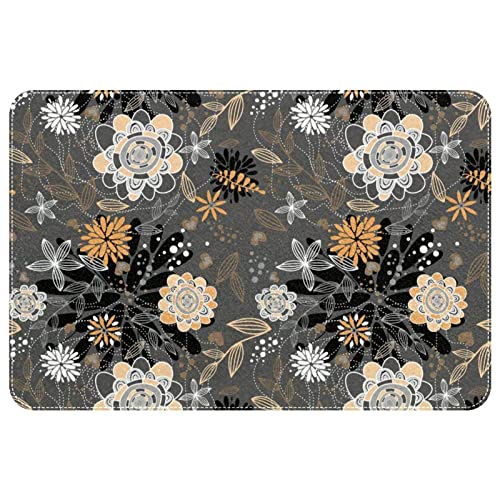 Retro Abstract Black Floral Grey Shower Mats Non Slip Without Suction Cups Bath Mat for Textured Tub Surface Loofah Mats for Shower and Bathroom Quick Drying 16x24Inch