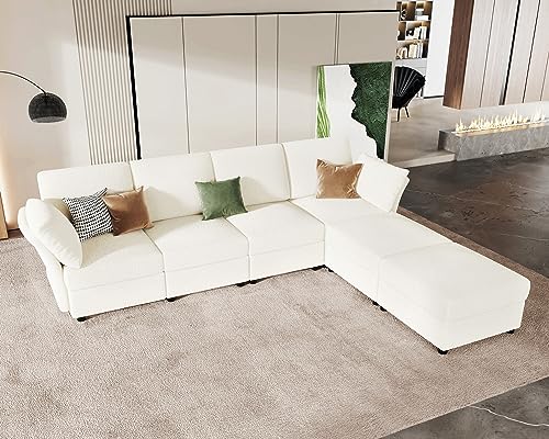 VanAcc Sectional Couch 6 Seats, Modular Sectional Sofa U Shaped sectional with Ottomans, Reversible Sofa Couch for Living Room, Offwhite Bouclé