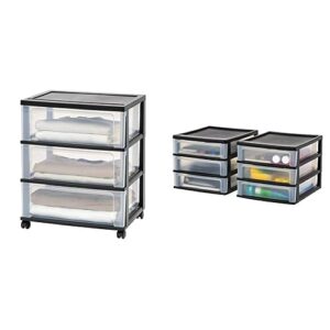 bundle of iris usa plastic 3-drawer wide storage drawer cart with caster wheels black, set of 1 + iris usa plastic 3-drawer desktop organizer for office, files, & supplies, medium, black, 2 pack