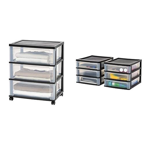 Bundle of IRIS USA Plastic 3-Drawer Wide Storage Drawer Cart with Caster Wheels Black, Set of 1 + IRIS USA Plastic 3-Drawer Desktop Organizer for Office, Files, & Supplies, Medium, Black, 2 Pack