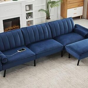 DURASPACE Velvet Sectional Convertible Sofa with Chaise, 107" L Shape Sectional Sofa Couch with USB, Split Back Folding Futon Couches for Living Room (Blue)