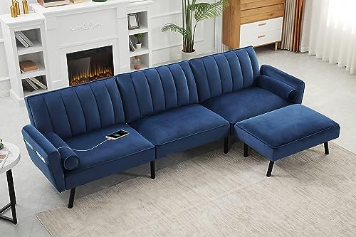 DURASPACE Velvet Sectional Convertible Sofa with Chaise, 107" L Shape Sectional Sofa Couch with USB, Split Back Folding Futon Couches for Living Room (Blue)