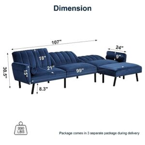 DURASPACE Velvet Sectional Convertible Sofa with Chaise, 107" L Shape Sectional Sofa Couch with USB, Split Back Folding Futon Couches for Living Room (Blue)