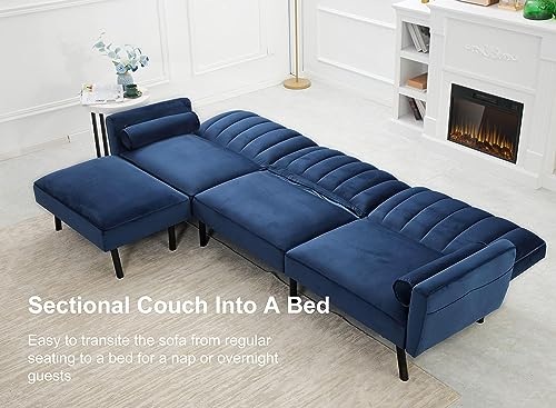 DURASPACE Velvet Sectional Convertible Sofa with Chaise, 107" L Shape Sectional Sofa Couch with USB, Split Back Folding Futon Couches for Living Room (Blue)