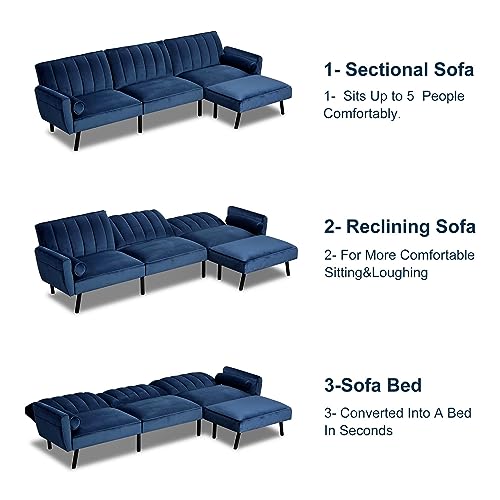 DURASPACE Velvet Sectional Convertible Sofa with Chaise, 107" L Shape Sectional Sofa Couch with USB, Split Back Folding Futon Couches for Living Room (Blue)