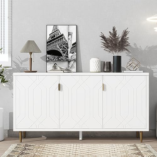 VilroCaz Modern 65'' Storage Sideboard Cabinet with Adjustable Shelves and Metal Legs, TV Stand for TV up to 70 inch, Center Console Table Sofa Table for Entryway Living Room Kitchen (A2-White)