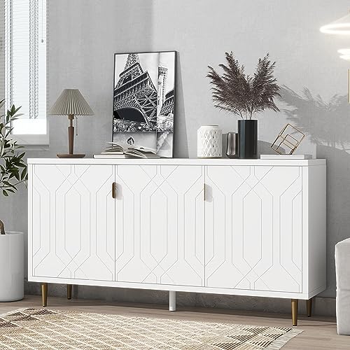 VilroCaz Modern 65'' Storage Sideboard Cabinet with Adjustable Shelves and Metal Legs, TV Stand for TV up to 70 inch, Center Console Table Sofa Table for Entryway Living Room Kitchen (A2-White)