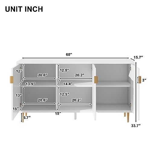 VilroCaz Modern 65'' Storage Sideboard Cabinet with Adjustable Shelves and Metal Legs, TV Stand for TV up to 70 inch, Center Console Table Sofa Table for Entryway Living Room Kitchen (A2-White)