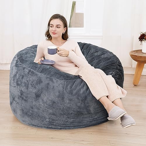 Bean Bag Chair Cover (No Filler), Big Round Soft Fluffy Faux Fur Beanbag Lazy Sofa Bed Cover, Adult Beanbag Chair Outside Cover, Grey, 4FT