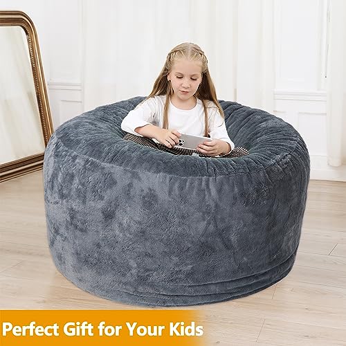 Bean Bag Chair Cover (No Filler), Big Round Soft Fluffy Faux Fur Beanbag Lazy Sofa Bed Cover, Adult Beanbag Chair Outside Cover, Grey, 4FT