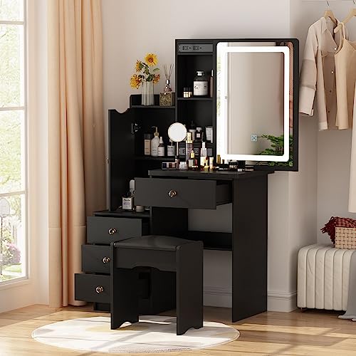 FAMAPY Vanity Mirror with Lights Desk and Chair, Vanity Desk with Sliding Lighted Mirror, Makeup Vanity with Lights, Drawers & Crystal Handles, Cushion Stool, Black