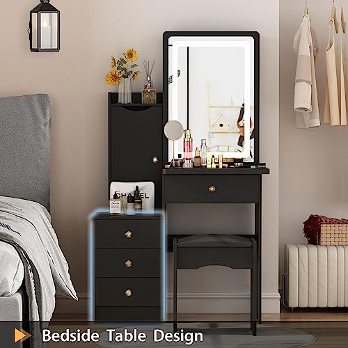 FAMAPY Vanity Mirror with Lights Desk and Chair, Vanity Desk with Sliding Lighted Mirror, Makeup Vanity with Lights, Drawers & Crystal Handles, Cushion Stool, Black