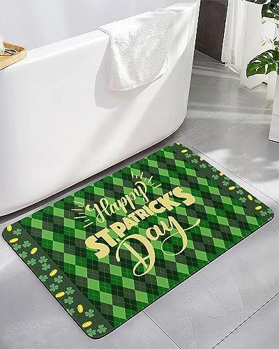 Geometry Bath Mat for Tub,Non Slip Bathroom Floor Runner Rug Quick Dry & Absorbent Diatomaceous Earth Kitchen Room Shower Sink Washable Doormat,St. Patrick's Day Checkered Clover Irish Green 18"x30"