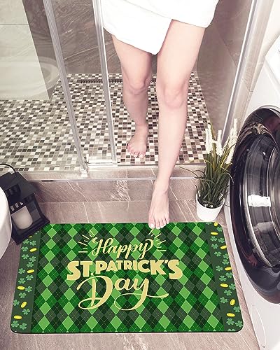 Geometry Bath Mat for Tub,Non Slip Bathroom Floor Runner Rug Quick Dry & Absorbent Diatomaceous Earth Kitchen Room Shower Sink Washable Doormat,St. Patrick's Day Checkered Clover Irish Green 18"x30"