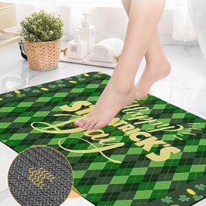 Geometry Bath Mat for Tub,Non Slip Bathroom Floor Runner Rug Quick Dry & Absorbent Diatomaceous Earth Kitchen Room Shower Sink Washable Doormat,St. Patrick's Day Checkered Clover Irish Green 18"x30"