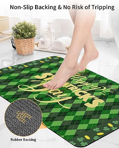 Geometry Bath Mat for Tub,Non Slip Bathroom Floor Runner Rug Quick Dry & Absorbent Diatomaceous Earth Kitchen Room Shower Sink Washable Doormat,St. Patrick's Day Checkered Clover Irish Green 18"x30"