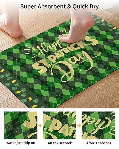 Geometry Bath Mat for Tub,Non Slip Bathroom Floor Runner Rug Quick Dry & Absorbent Diatomaceous Earth Kitchen Room Shower Sink Washable Doormat,St. Patrick's Day Checkered Clover Irish Green 18"x30"