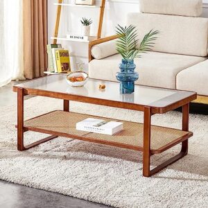 45.28" Walnut Wood Coffee Table with Craft Glass Top, Mid-Century Modern Rattan Coffee Table 2-Tier Glass Coffee Table with Storage for Living Room, Dining Room,Bedroom