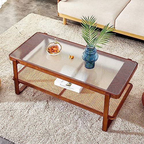 45.28" Walnut Wood Coffee Table with Craft Glass Top, Mid-Century Modern Rattan Coffee Table 2-Tier Glass Coffee Table with Storage for Living Room, Dining Room,Bedroom