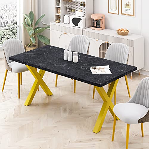 70.87" Modern Square Dining Table with Printed Black Marble Table Top+Gold X-Shape Table Leg (Black+Gold)