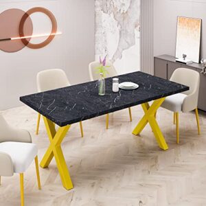 70.87" Modern Square Dining Table with Printed Black Marble Table Top+Gold X-Shape Table Leg (Black+Gold)