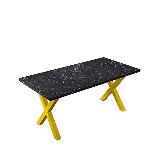 70.87" Modern Square Dining Table with Printed Black Marble Table Top+Gold X-Shape Table Leg (Black+Gold)