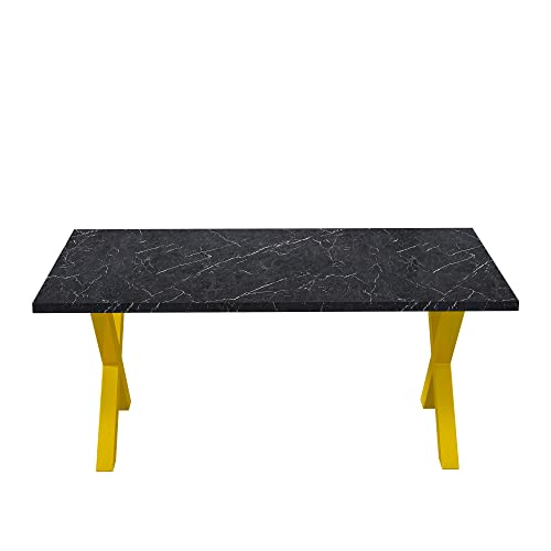 70.87" Modern Square Dining Table with Printed Black Marble Table Top+Gold X-Shape Table Leg (Black+Gold)