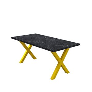 70.87" Modern Square Dining Table with Printed Black Marble Table Top+Gold X-Shape Table Leg (Black+Gold)