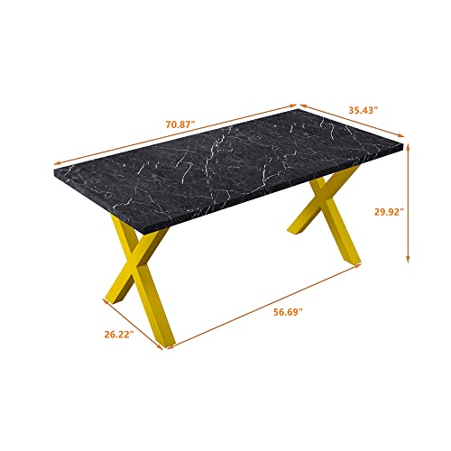 70.87" Modern Square Dining Table with Printed Black Marble Table Top+Gold X-Shape Table Leg (Black+Gold)