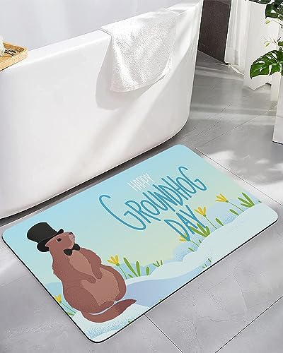 Groundhog Day Bath Mat for Tub,Non Slip Bathroom Floor Runner Rug Quick Dry & Absorbent Diatomaceous Earth Shower Sink Kitchen Living Room Washable Doormat,Spring Blue Forest Green Grass 16"x24"