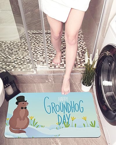 Groundhog Day Bath Mat for Tub,Non Slip Bathroom Floor Runner Rug Quick Dry & Absorbent Diatomaceous Earth Shower Sink Kitchen Living Room Washable Doormat,Spring Blue Forest Green Grass 16"x24"