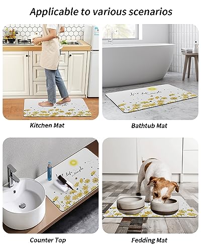 Sun Flower Bath Mat for Tub,Non Slip Bathroom Floor Runner Rug Quick Dry & Absorbent Diatomaceous Earth Kitchen Room Shower Sink Washable Doormat,Elegant Gold Spring Florals Cartoon Butter-fly 18"x30"