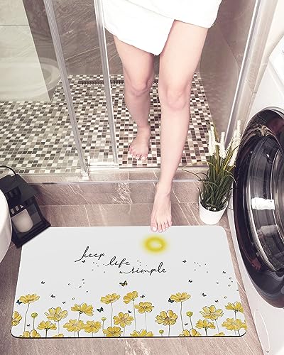 Sun Flower Bath Mat for Tub,Non Slip Bathroom Floor Runner Rug Quick Dry & Absorbent Diatomaceous Earth Kitchen Room Shower Sink Washable Doormat,Elegant Gold Spring Florals Cartoon Butter-fly 18"x30"