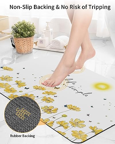 Sun Flower Bath Mat for Tub,Non Slip Bathroom Floor Runner Rug Quick Dry & Absorbent Diatomaceous Earth Kitchen Room Shower Sink Washable Doormat,Elegant Gold Spring Florals Cartoon Butter-fly 18"x30"