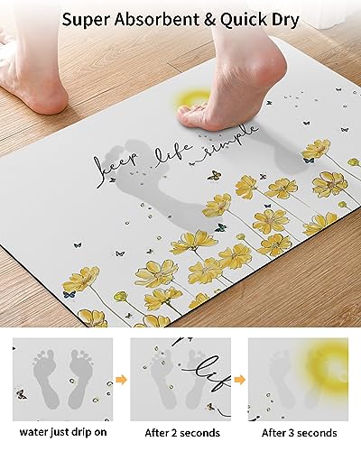 Sun Flower Bath Mat for Tub,Non Slip Bathroom Floor Runner Rug Quick Dry & Absorbent Diatomaceous Earth Kitchen Room Shower Sink Washable Doormat,Elegant Gold Spring Florals Cartoon Butter-fly 18"x30"