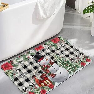 Christmas Snowman Bath Mat for Tub,Non Slip Bathroom Floor Runner Rug Quick Dry & Absorbent Diatomaceous Earth Shower Sink Washable Doormat,Black Grey Farmhouse Plaid Poinsettia Eucalyptus 16"x24"