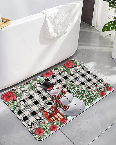 Christmas Snowman Bath Mat for Tub,Non Slip Bathroom Floor Runner Rug Quick Dry & Absorbent Diatomaceous Earth Shower Sink Washable Doormat,Black Grey Farmhouse Plaid Poinsettia Eucalyptus 16"x24"