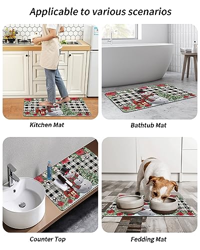 Christmas Snowman Bath Mat for Tub,Non Slip Bathroom Floor Runner Rug Quick Dry & Absorbent Diatomaceous Earth Shower Sink Washable Doormat,Black Grey Farmhouse Plaid Poinsettia Eucalyptus 16"x24"