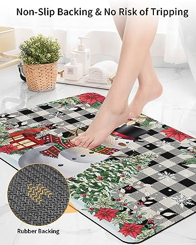 Christmas Snowman Bath Mat for Tub,Non Slip Bathroom Floor Runner Rug Quick Dry & Absorbent Diatomaceous Earth Shower Sink Washable Doormat,Black Grey Farmhouse Plaid Poinsettia Eucalyptus 16"x24"