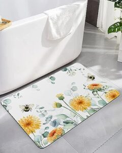 watercolor flowers bath mat for tub,non slip bathroom floor runner rug quick dry & absorbent diatomaceous earth kitchen shower sink washable doormat,eucalyptus leaves flower botanical plant 16"x24"