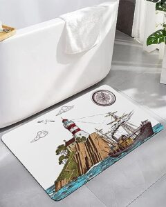 light-house bath mat for tub,non slip bathroom floor runner rug quick dry & absorbent diatomaceous earth shower sink kitchen living room washable doormat,retro sailboat ocean coastal nautical 16"x24"