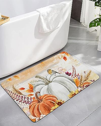 Thanksgiving Bath Mat for Tub,Non Slip Bathroom Floor Runner Rug Quick Dry & Absorbent Diatomaceous Earth Kitchen Shower Sink Washable Doormat,Fall Pumpkins Autumn Fall Leaves Oil Painting 16"x24"