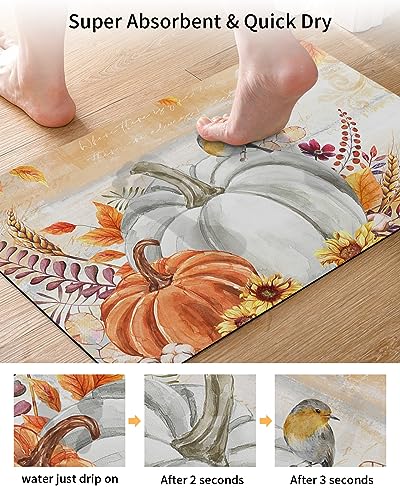 Thanksgiving Bath Mat for Tub,Non Slip Bathroom Floor Runner Rug Quick Dry & Absorbent Diatomaceous Earth Kitchen Shower Sink Washable Doormat,Fall Pumpkins Autumn Fall Leaves Oil Painting 16"x24"