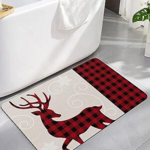 Christmas Reindeer Bath Mat for Tub,Non Slip Bathroom Floor Runner Rug Quick Dry & Absorbent Diatomaceous Earth Kitchen Shower Sink Washable Doormat,Red Black Buffalo Plaid Checkered Snowflake 16"x24"