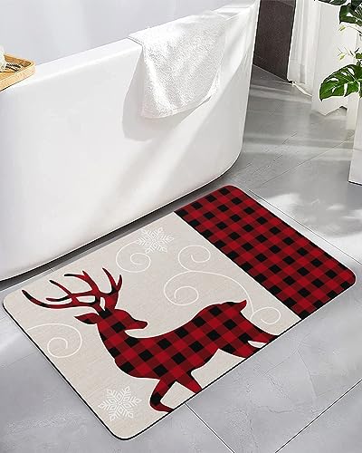 Christmas Reindeer Bath Mat for Tub,Non Slip Bathroom Floor Runner Rug Quick Dry & Absorbent Diatomaceous Earth Kitchen Shower Sink Washable Doormat,Red Black Buffalo Plaid Checkered Snowflake 16"x24"